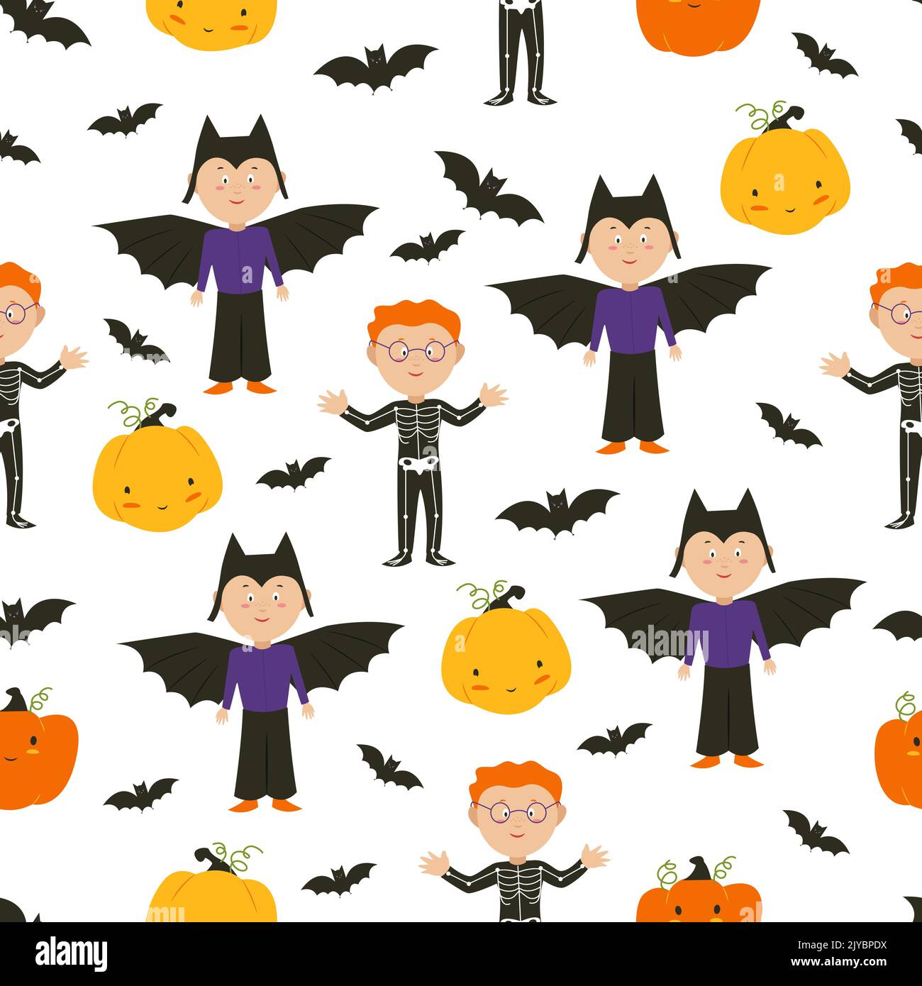 Halloween ghosts. Children in Halloween costumes, pumpkins and bats ...
