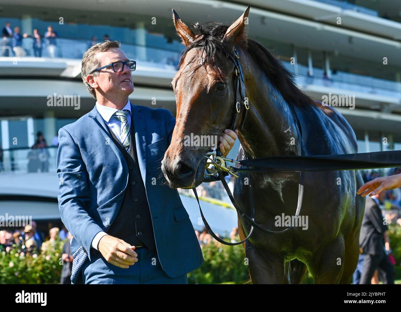 Trainer David Vandyke poses with Alligator Blood after victory in race ...