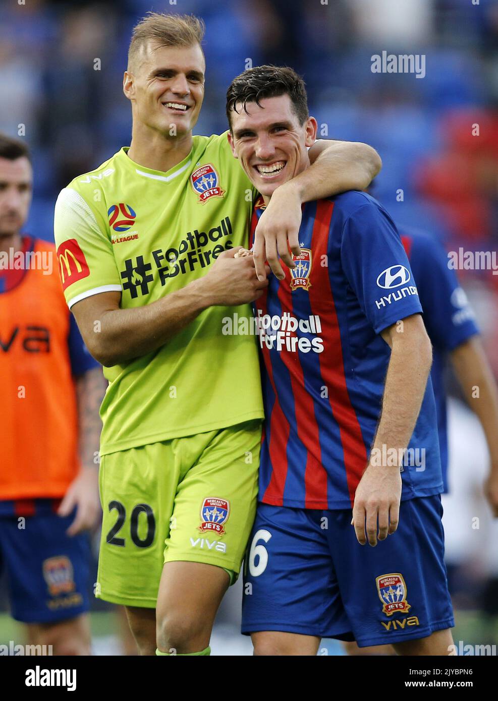 Lewis Italiano and Matt Millar of the Jets enjoy the win after the ...