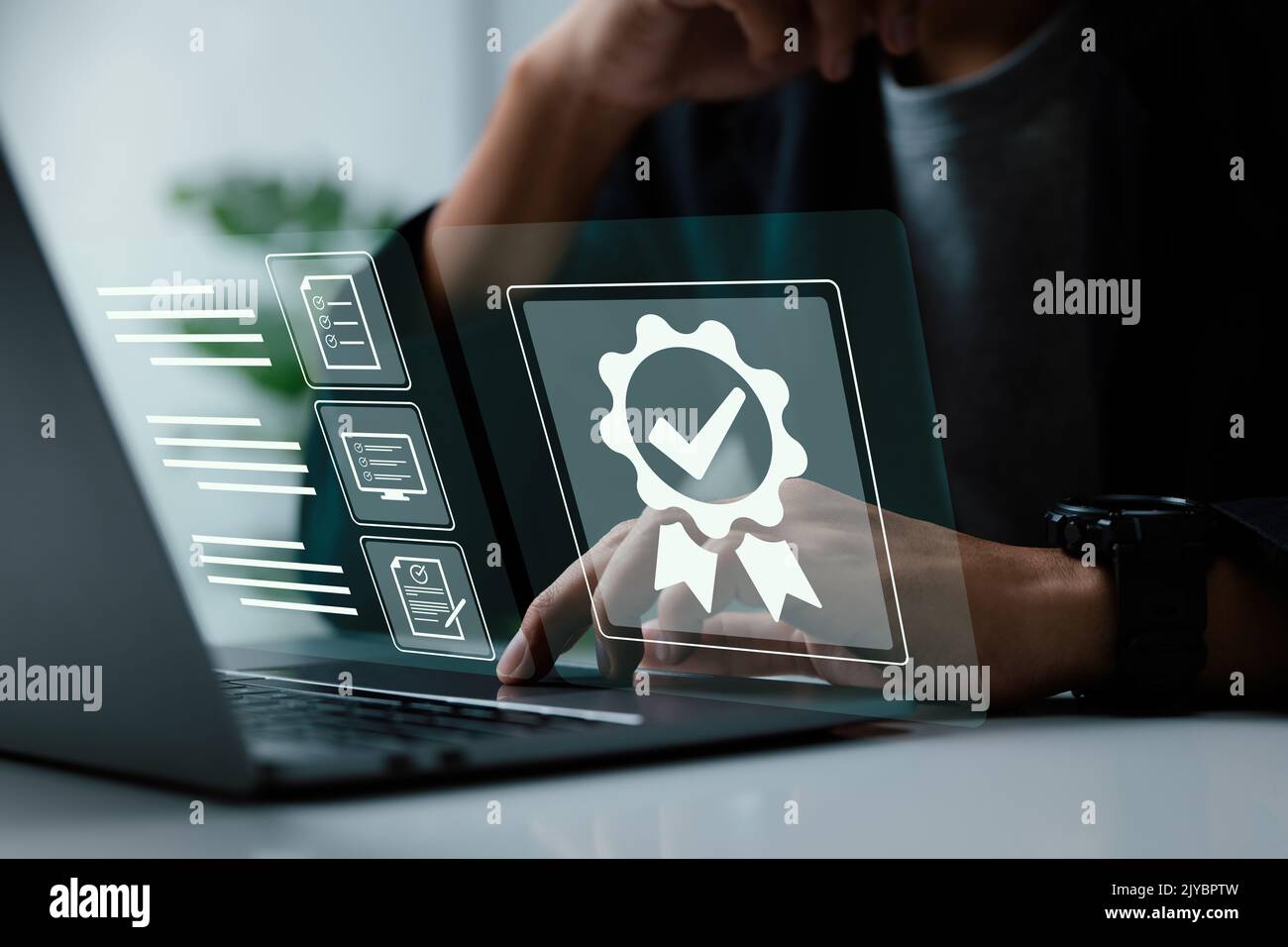 A businessman operating with the quality assurance, guarantee ...