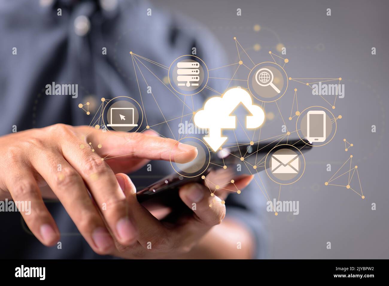 Computing in the cloud with a smartphone by a human Stock Photo - Alamy