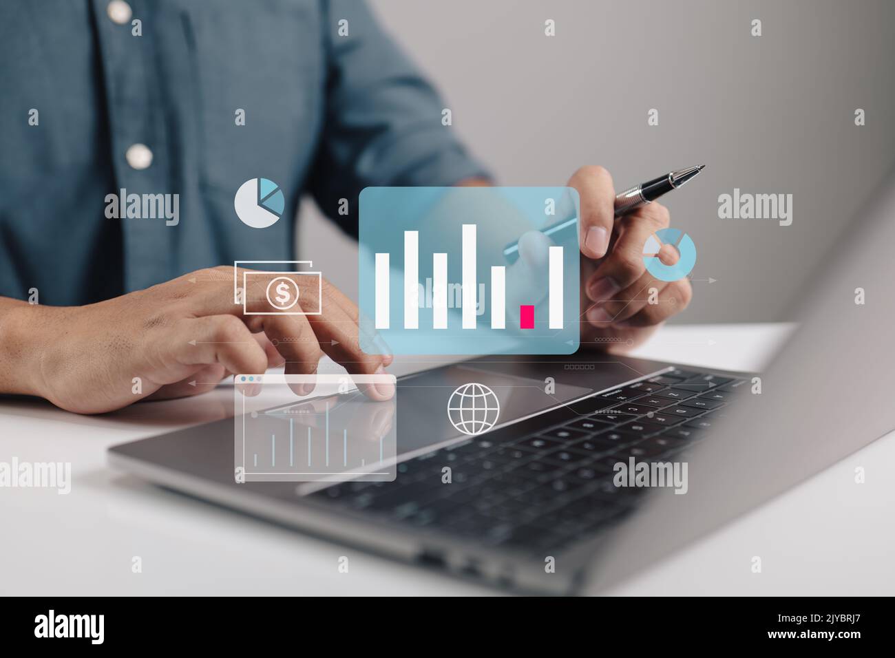 business analysis concept. On computers, businesspeople scour the ...