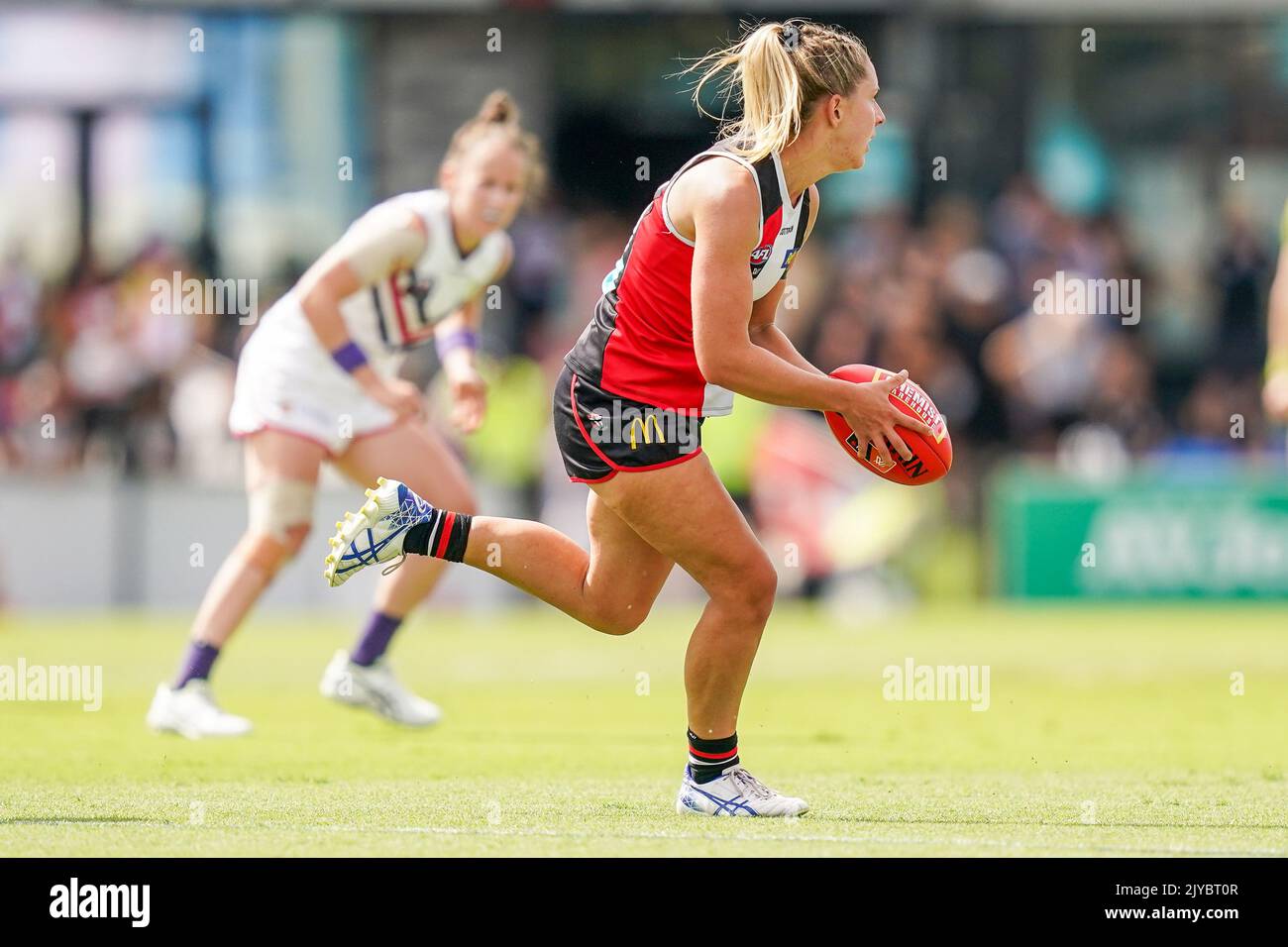 Hannah Priest of the Saints runs with the ball during the Round 4 AFLW ...