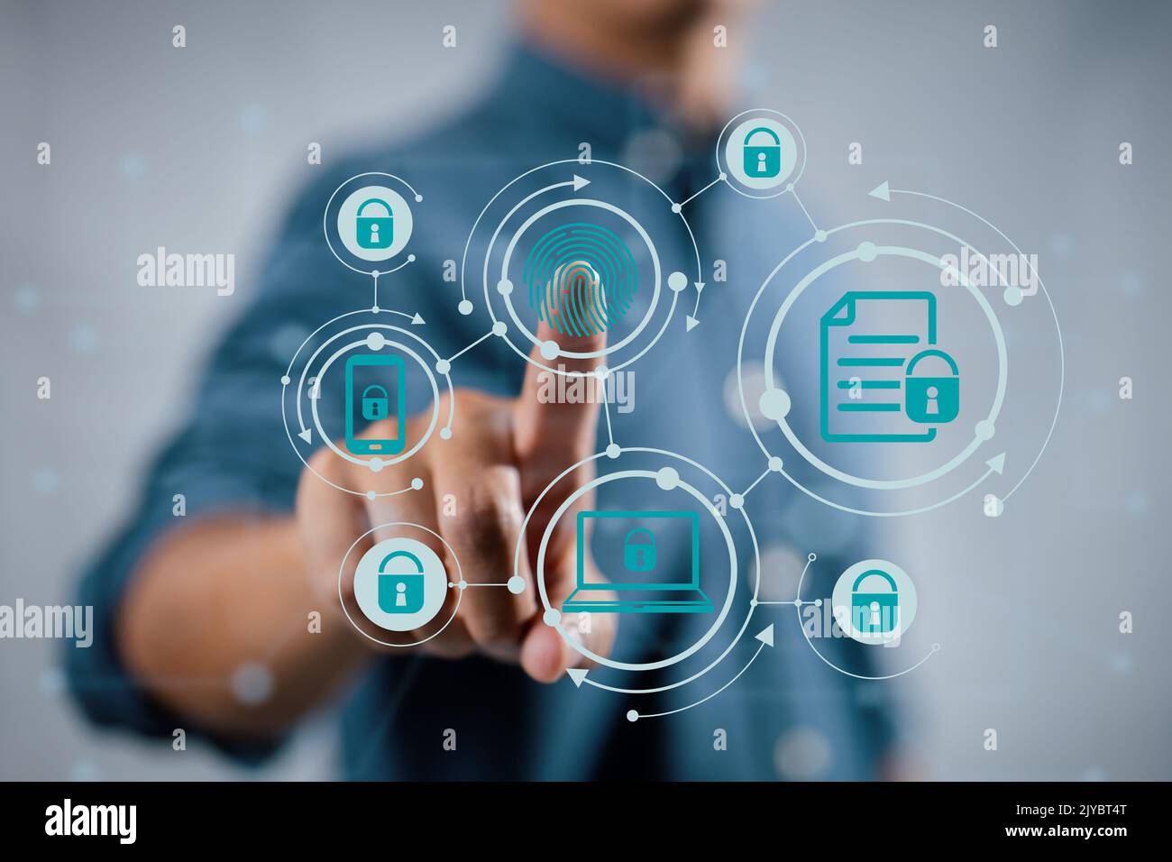 Data privacy concept with a businessman scan fingerprint biometric ...