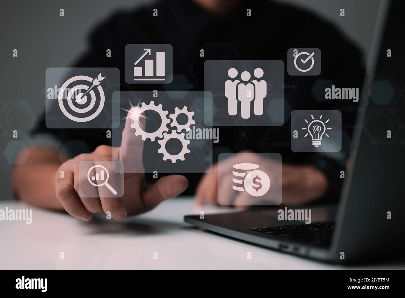 A businessman is working on a virtual innovation screen, which is used ...