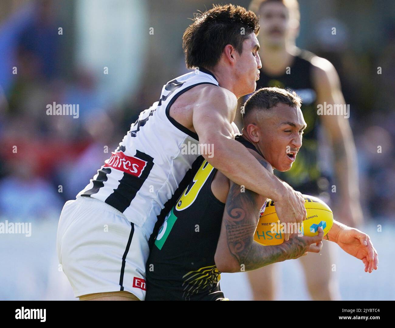 Brayden Maynard of the Magpies tackles Shai Bolton of the Tigers during ...