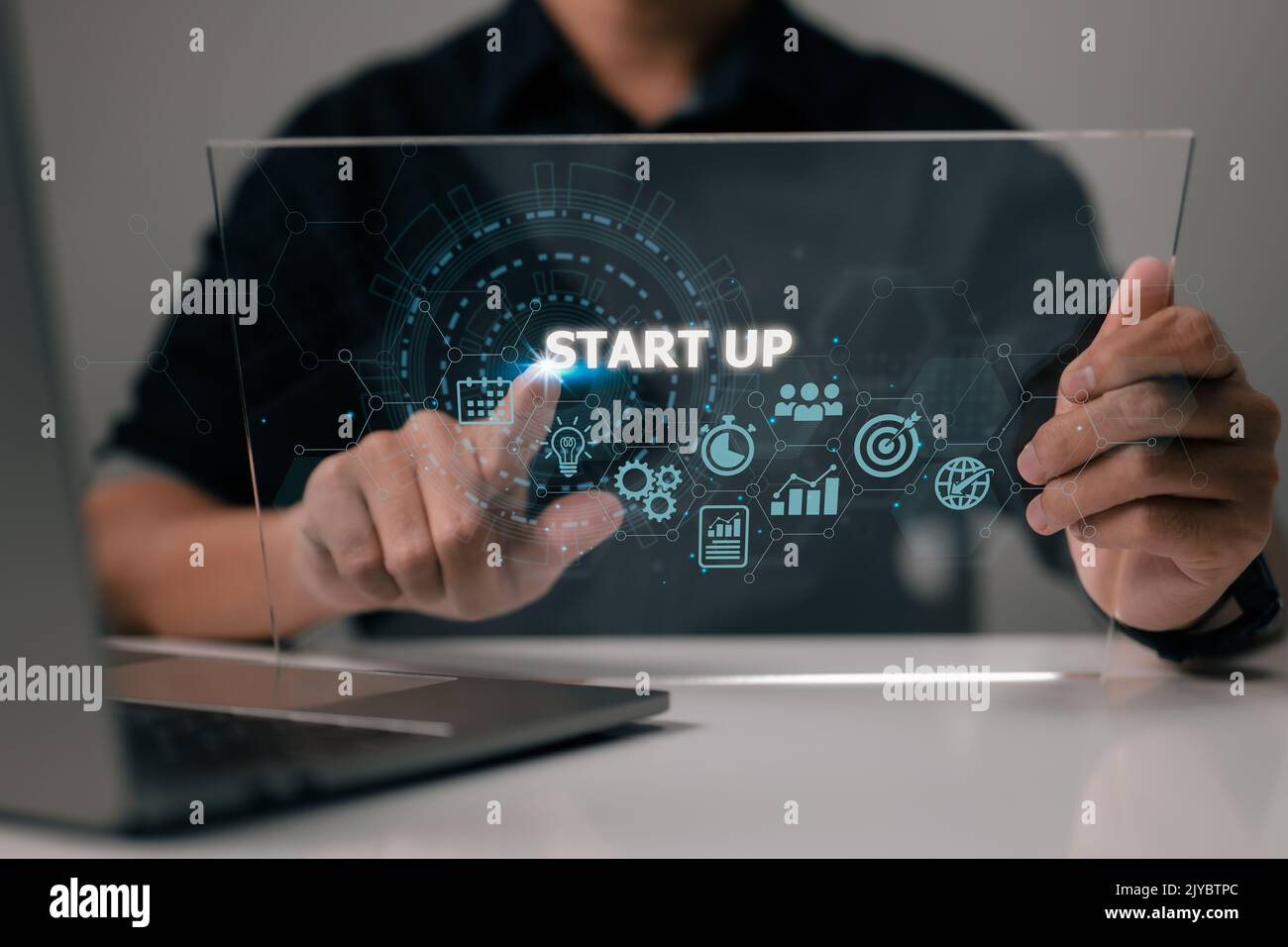 Start-up concept with icons for business and network connection on a ...