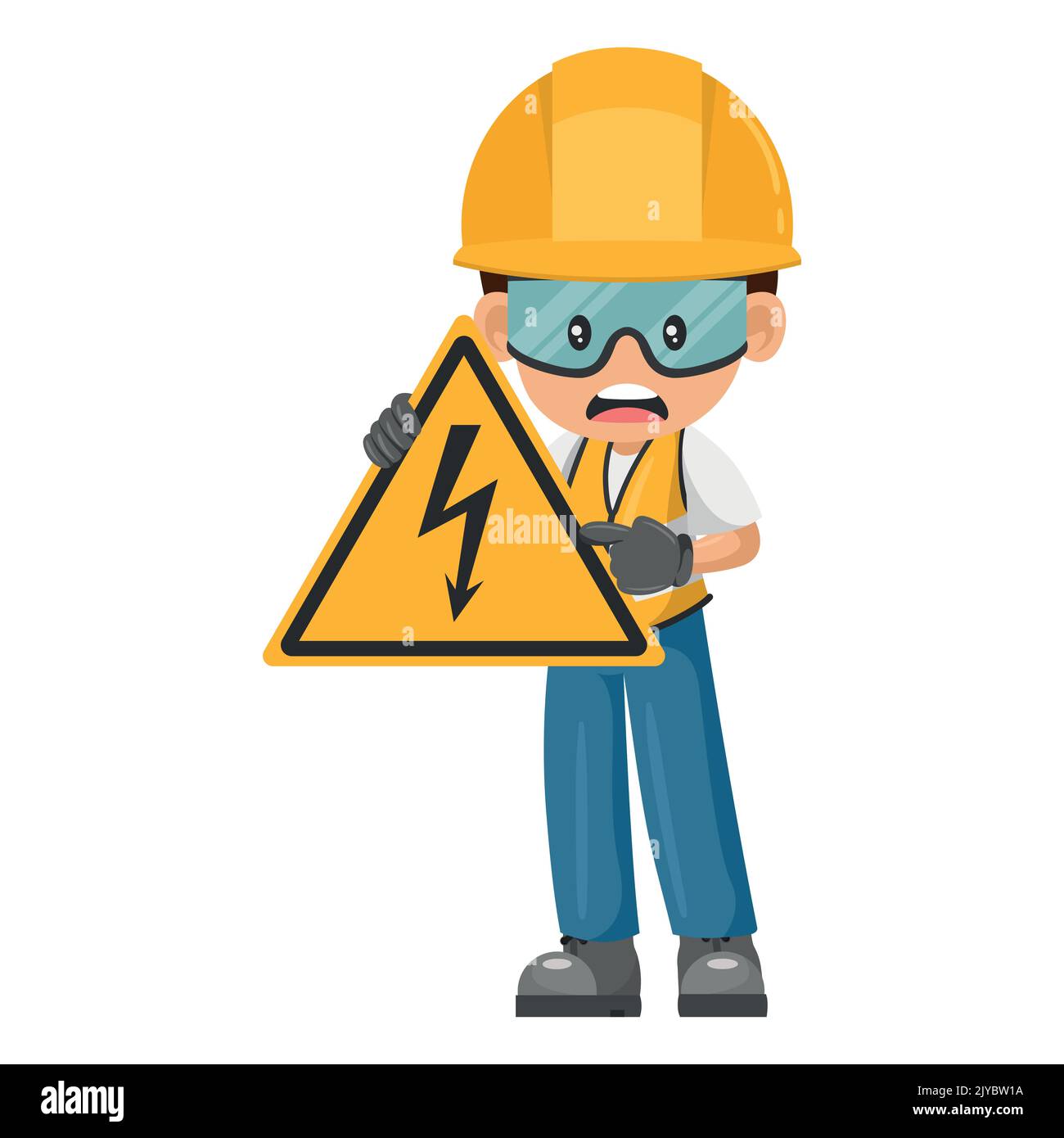 Industrial worker with electrical hazard sign warning. Caution ...