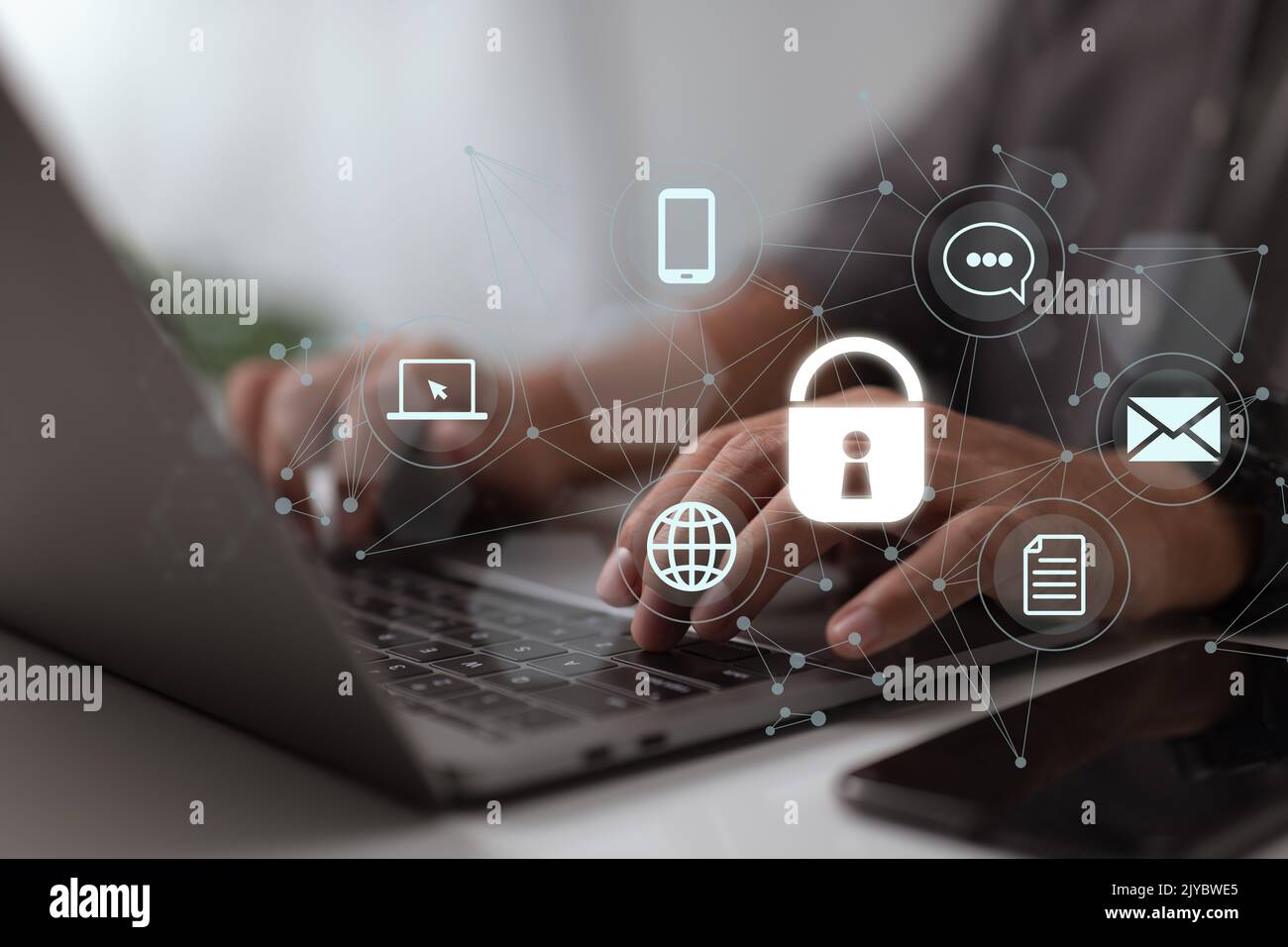 Cybersecurity on the internet, a user writing a password on a computer, and cyber security Stock ...