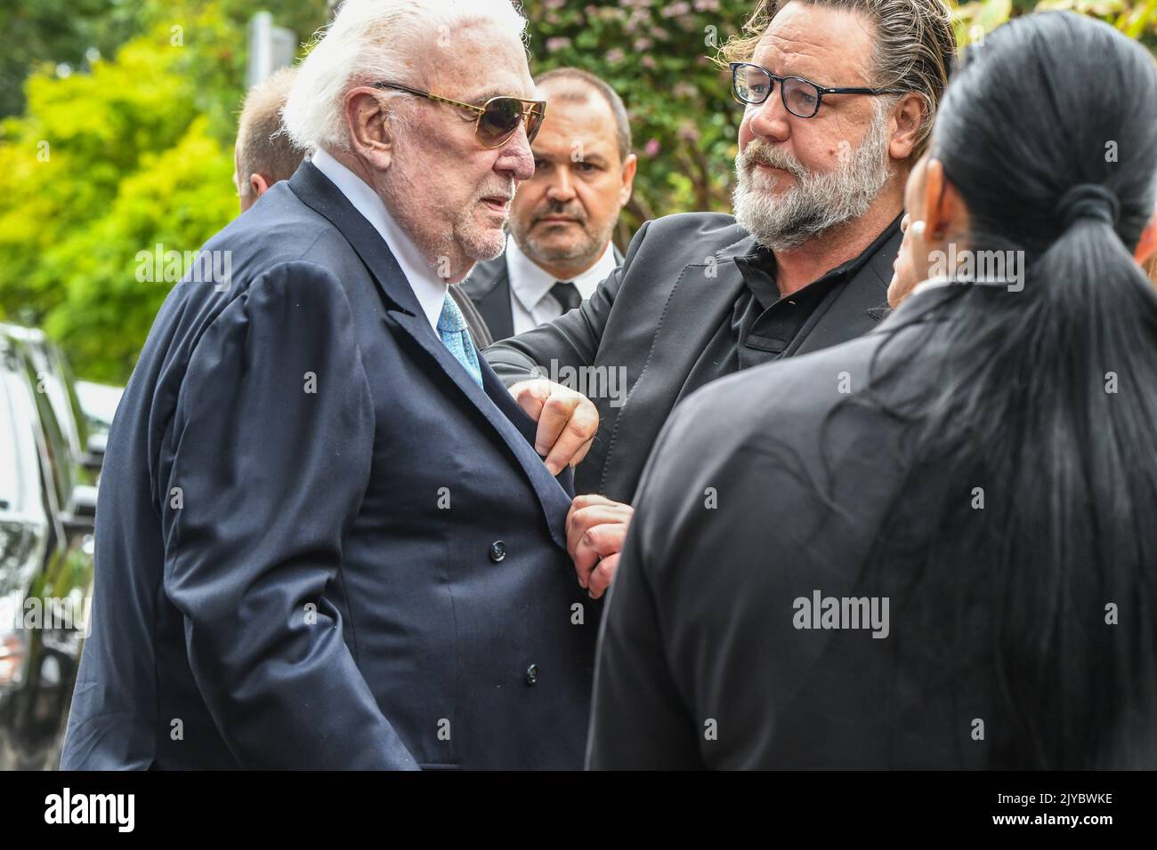 John Laws (left) and Australian Actor Russell Crowe attend the funeral ...