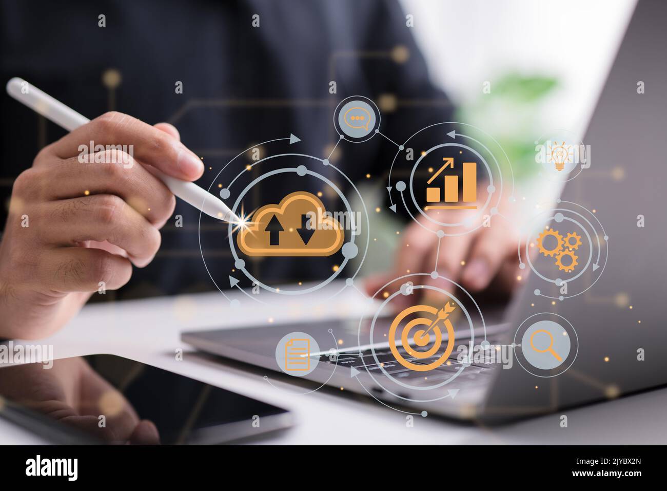 Cloud computing technology is used by this man. Internet storage ...