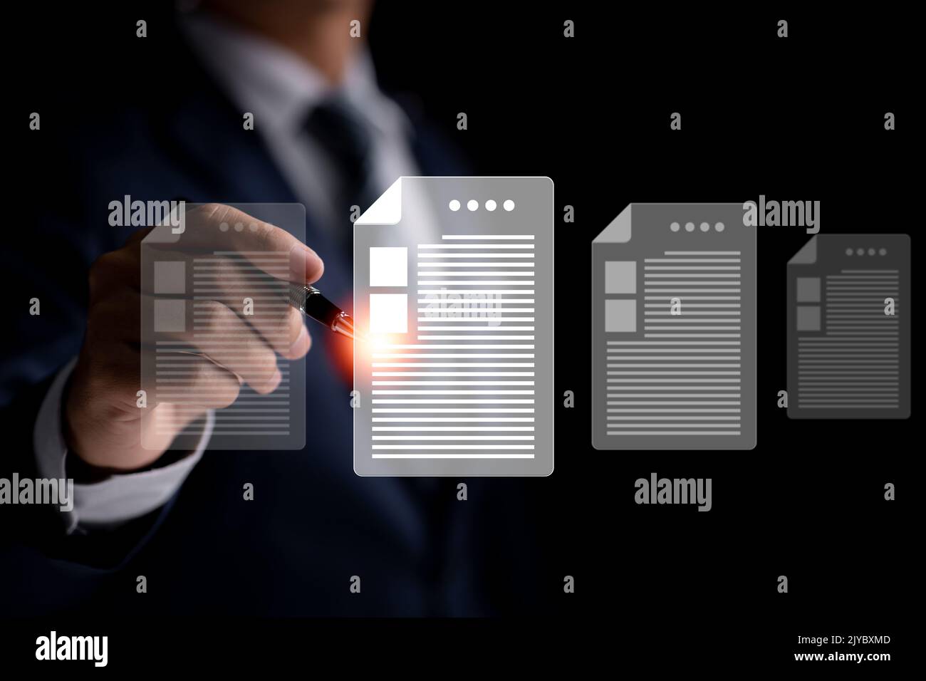 Business people signing electronic documents on digital documents ...