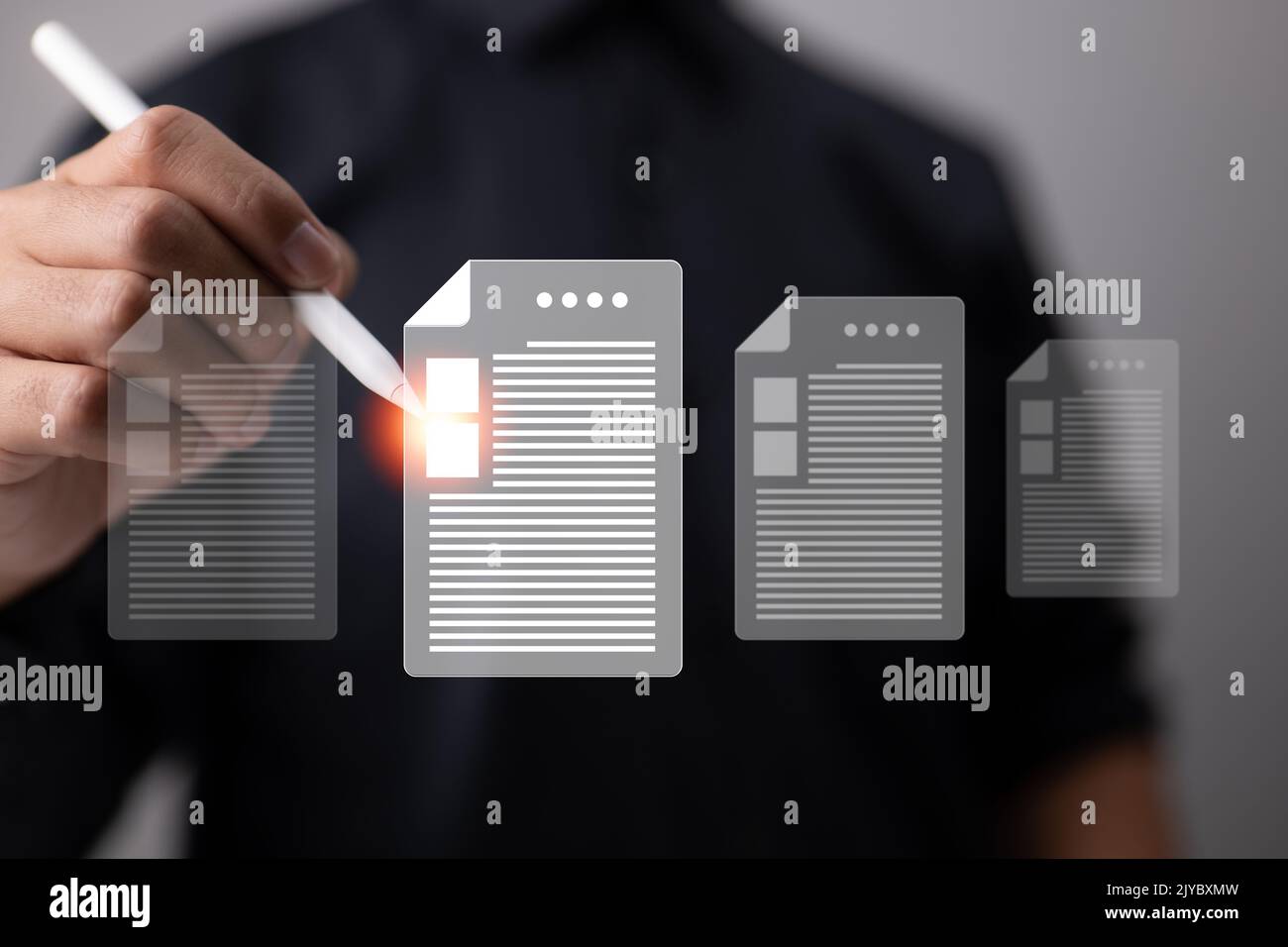 Business people signing digital documents, using a paperless office ...