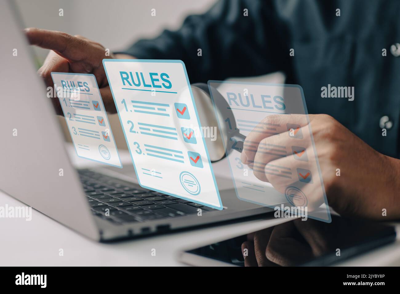 Businesspeople are studying rule lists, reading guidelines, and creating checklists. concept of ...