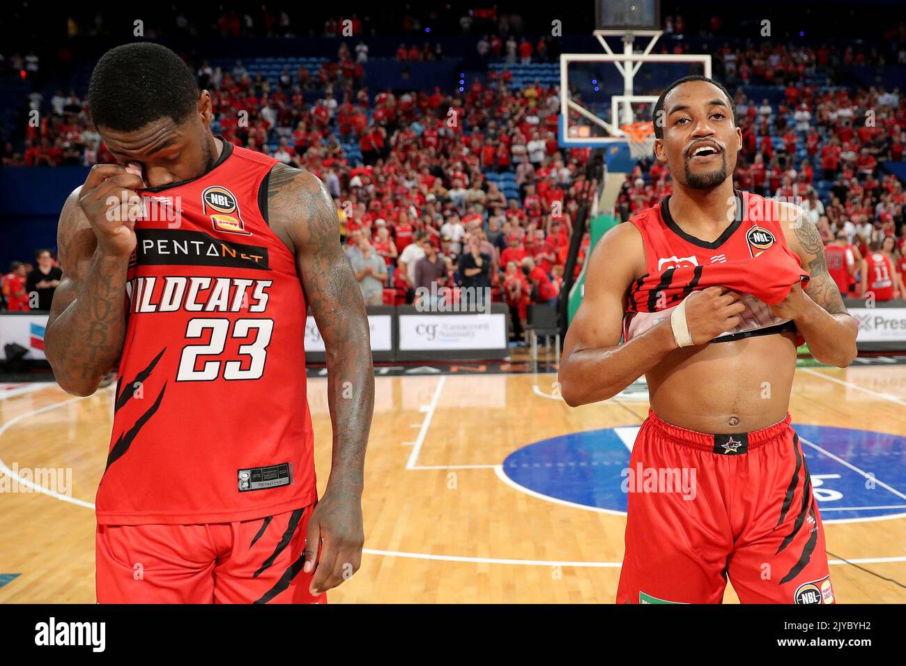 Terrico White and Bryce Cotton of the Wildcats are seen after winning ...