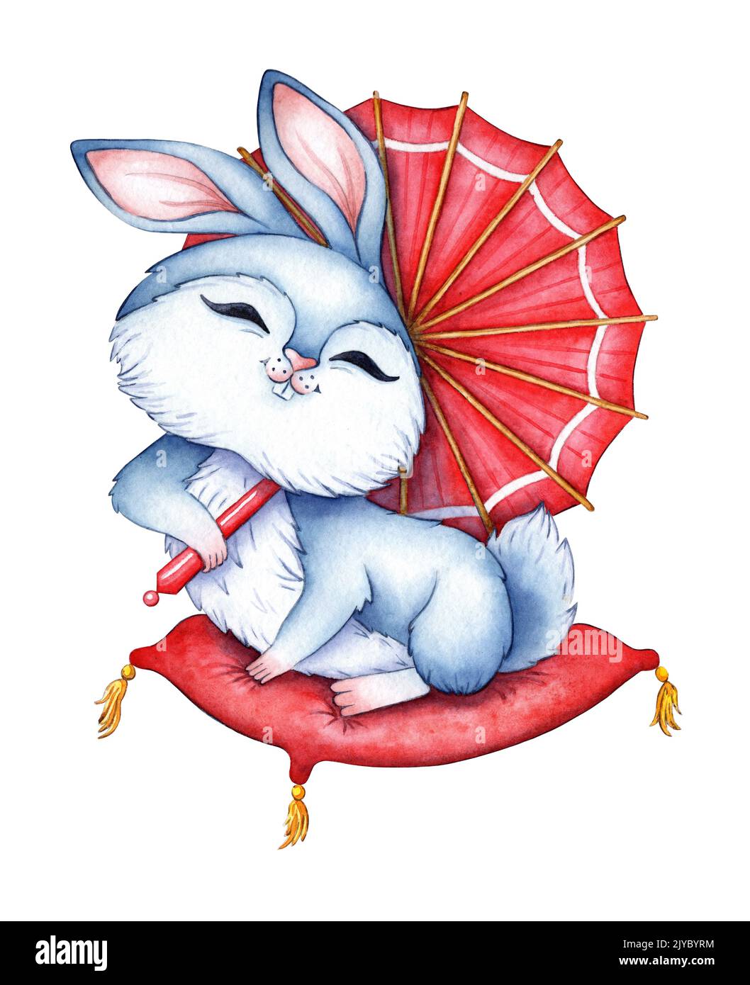 Watercolor illustration of a blue rabbit sitting on a red pillow under ...