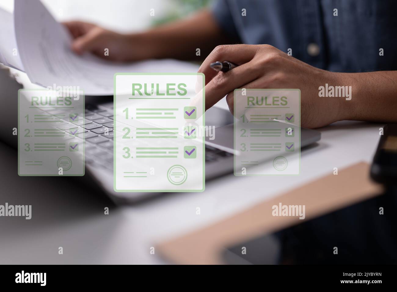 Businesspeople read rules and create checklists. corporate order, law ...