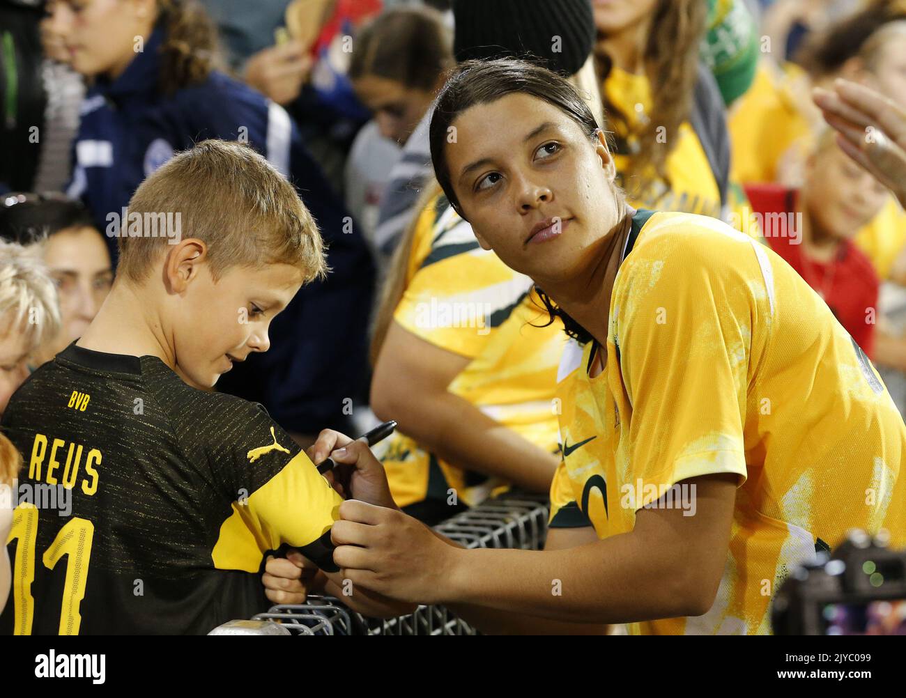 Sam Kerr of the Matildas signs autographs after the Women's Olympic ...
