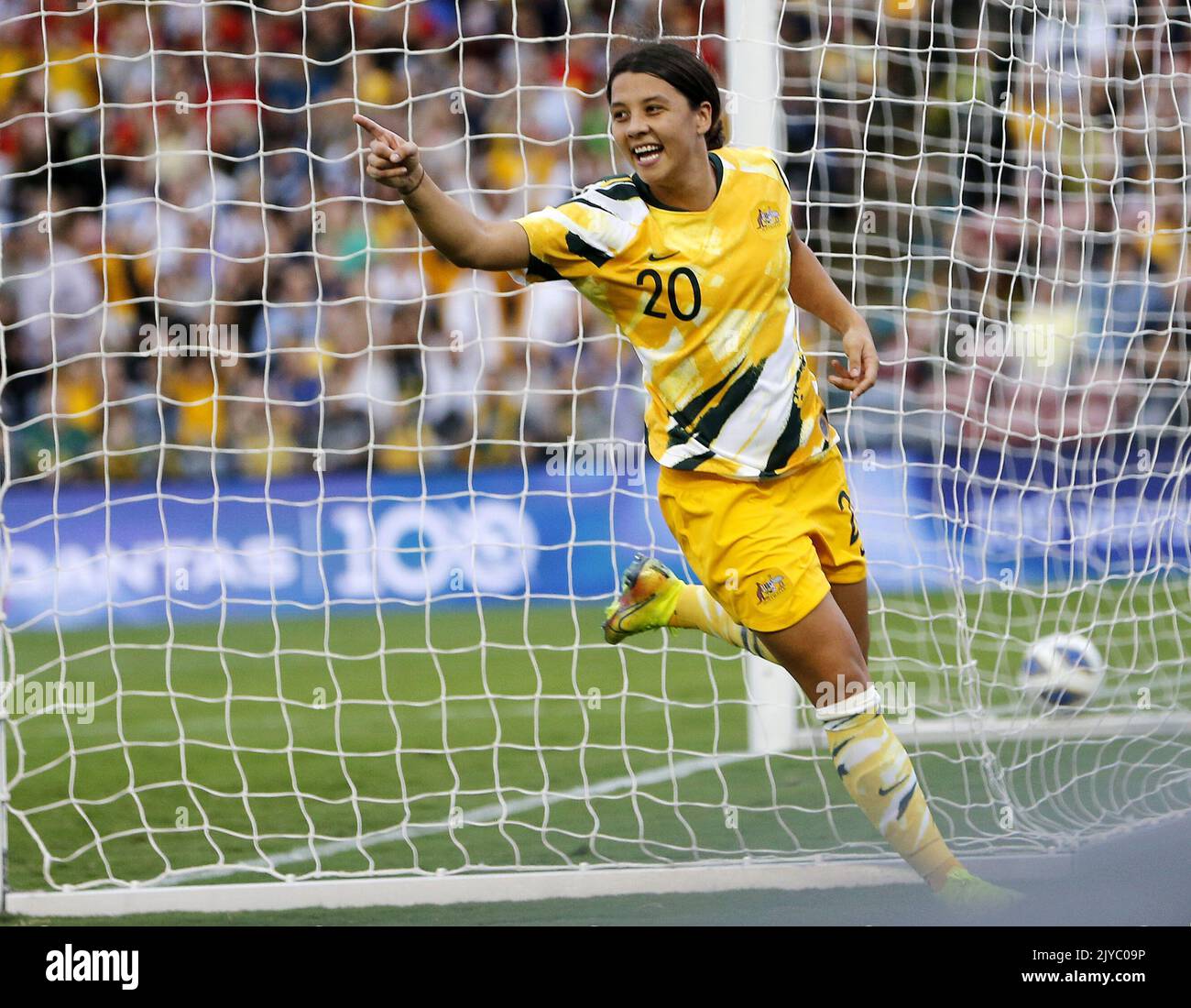 Sam Kerr of the Matildas celebrates a first half goal during the Women ...