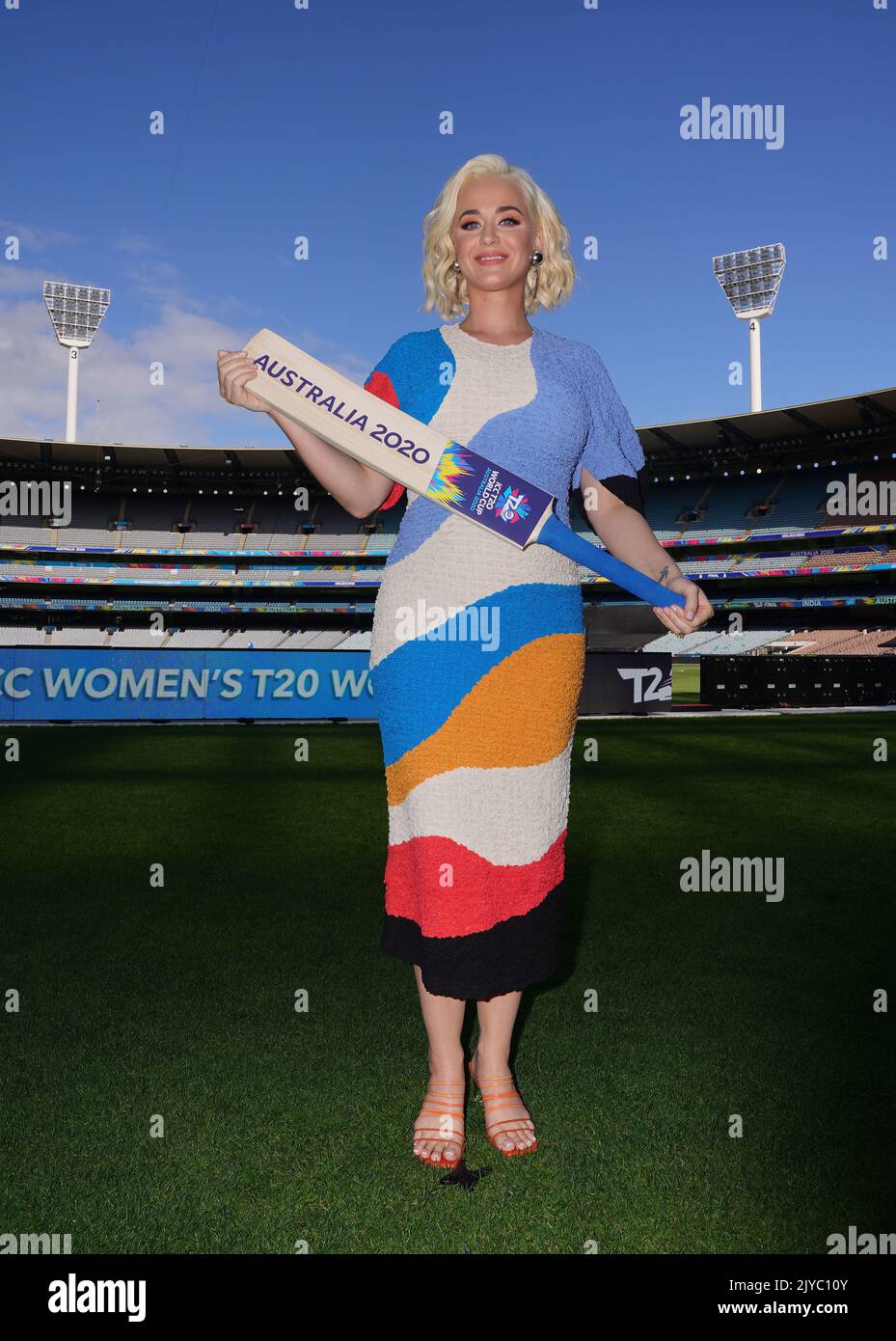 American singer Katy Perry poses with a cricket bat ahead of the Women ...