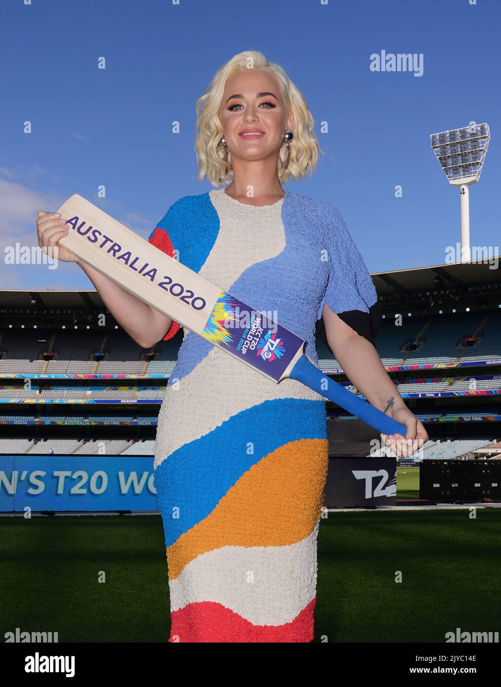 American singer Katy Perry poses with a cricket bat ahead of the Women ...