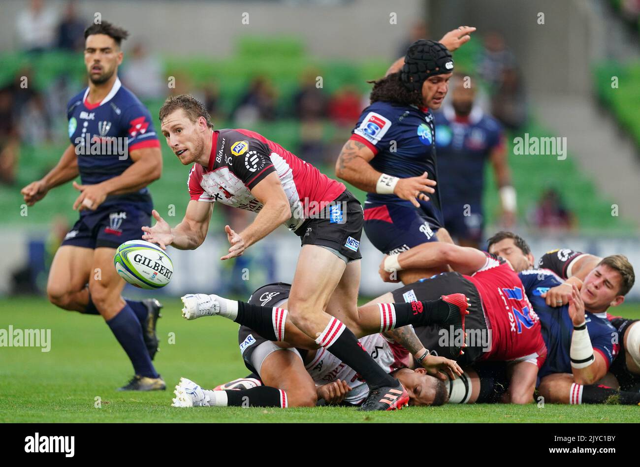 Andre Riaan Warner of the Lions passes the ball during the Round 6 ...