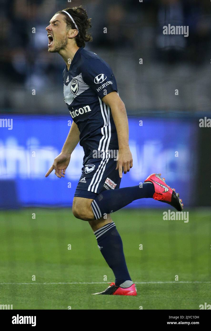 Marco Rojas of Victory celebrates a goal during the Round 22 A-League ...
