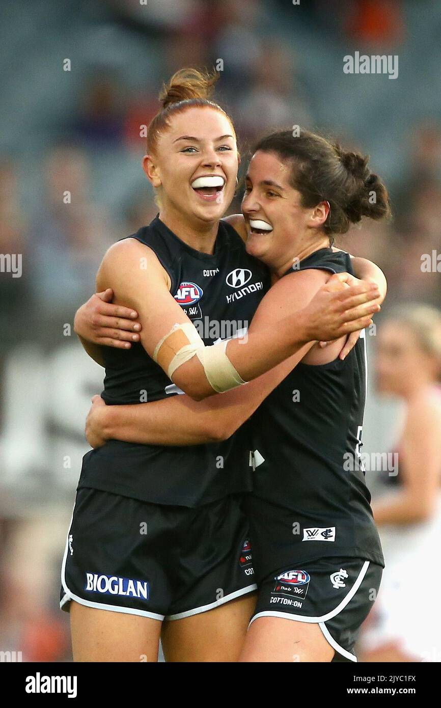 Grace Egan of the Carlton Blues celebrates a goal during the Round 5 ...