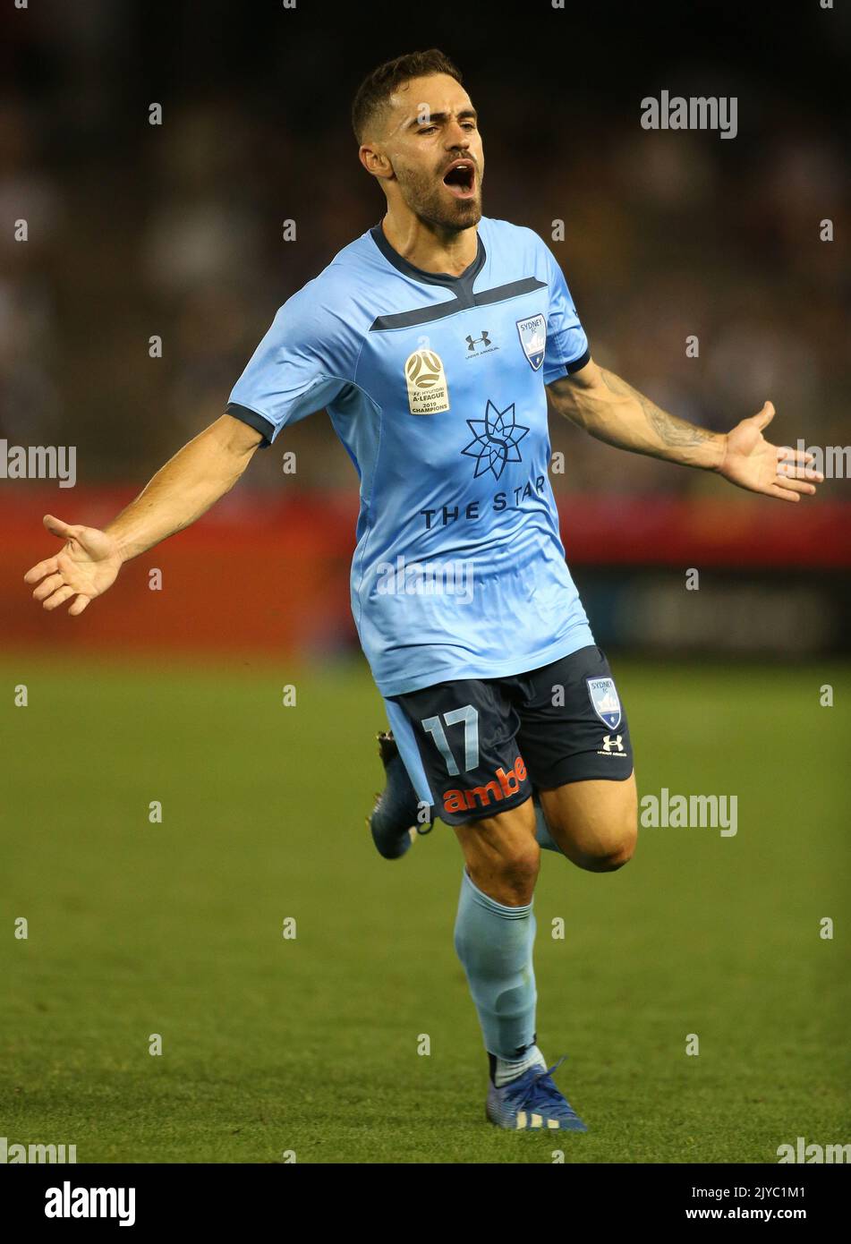 Anthony Caceres of Sydney celebrates a goal during the Round 22 A ...