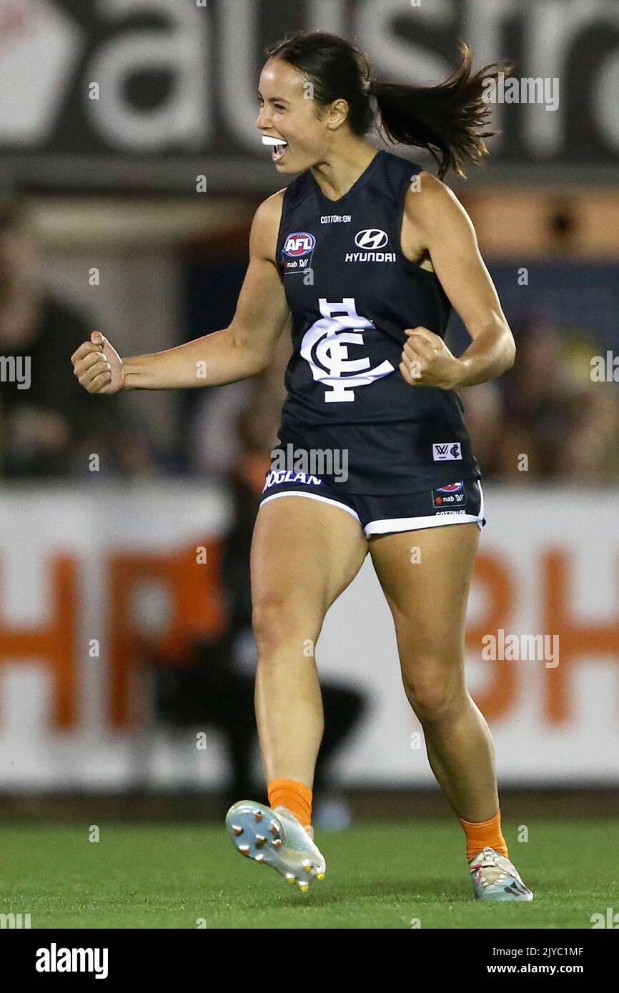 Brooke Walker of the Carlton Blues celebrates a goal during the Round 5 ...