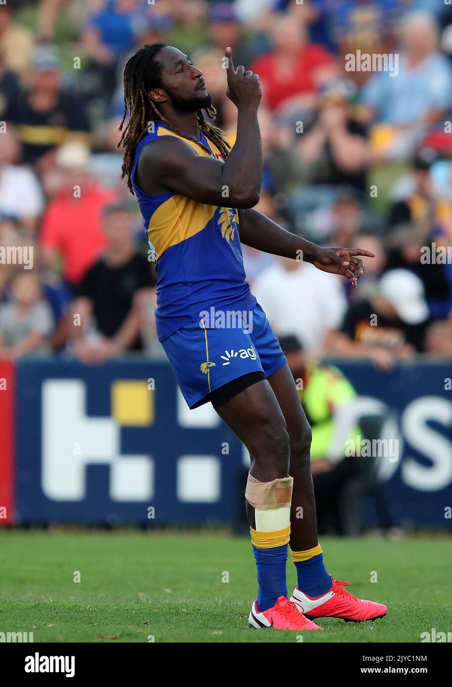 Nic Naitanui of the Eagles celebrates kicking a goal during the AFL ...