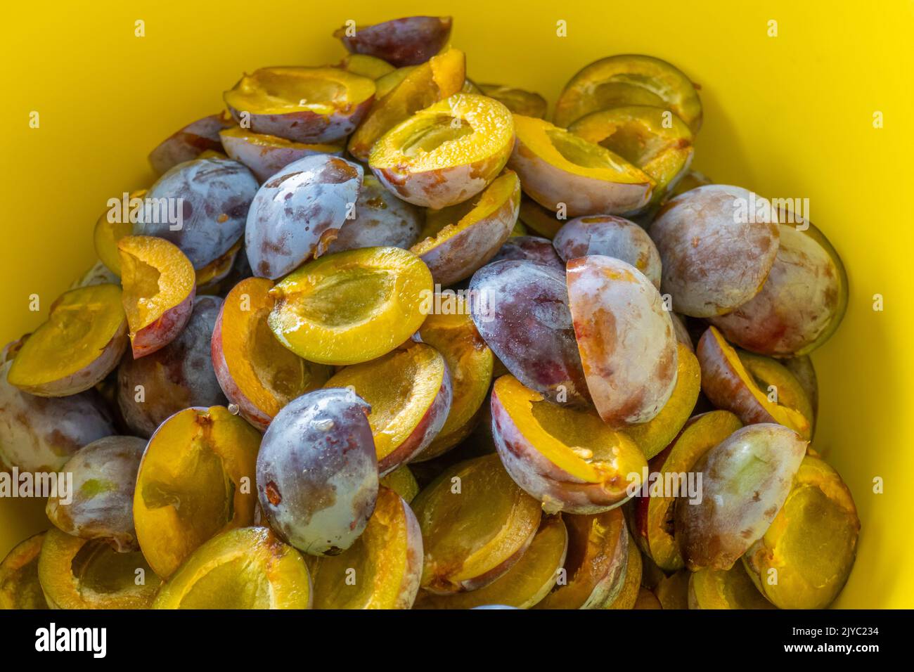Plums harvest.Plum halves background.Yellow pulp of fruits in a yellow ...
