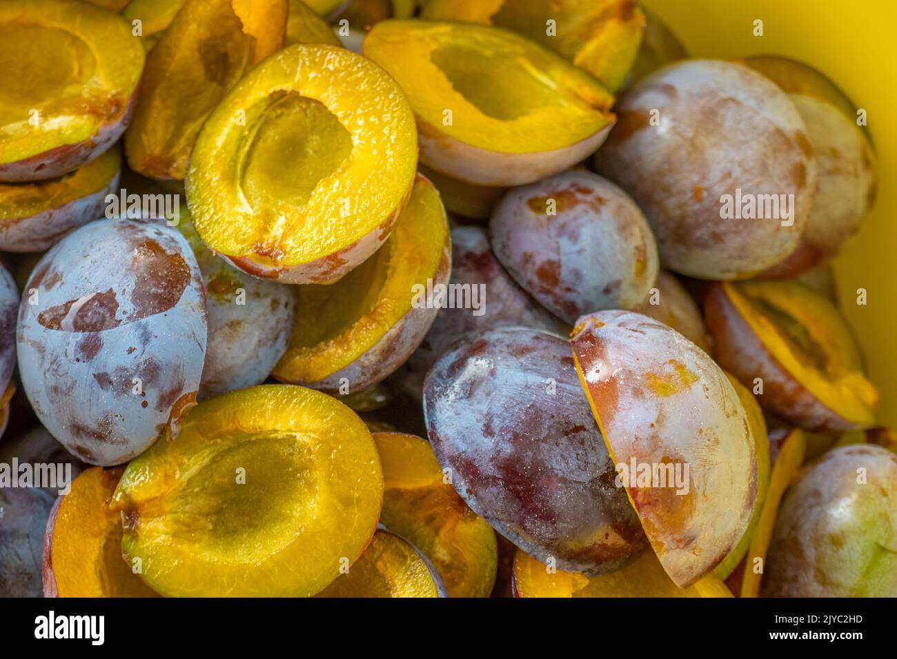 Plums harvest.Plum halves background.Yellow pulp of fruits. pulp ...