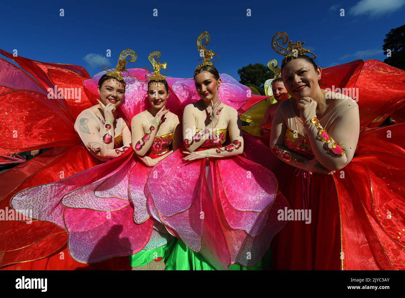 Participants pose for a photograph prior to the 2020 Moomba parade in ...