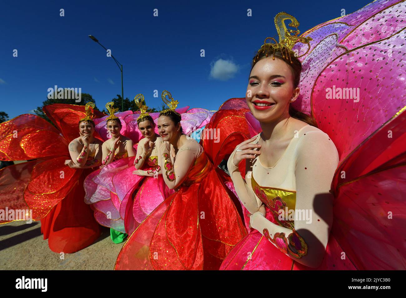 Participants pose for a photograph prior to the 2020 Moomba parade in ...