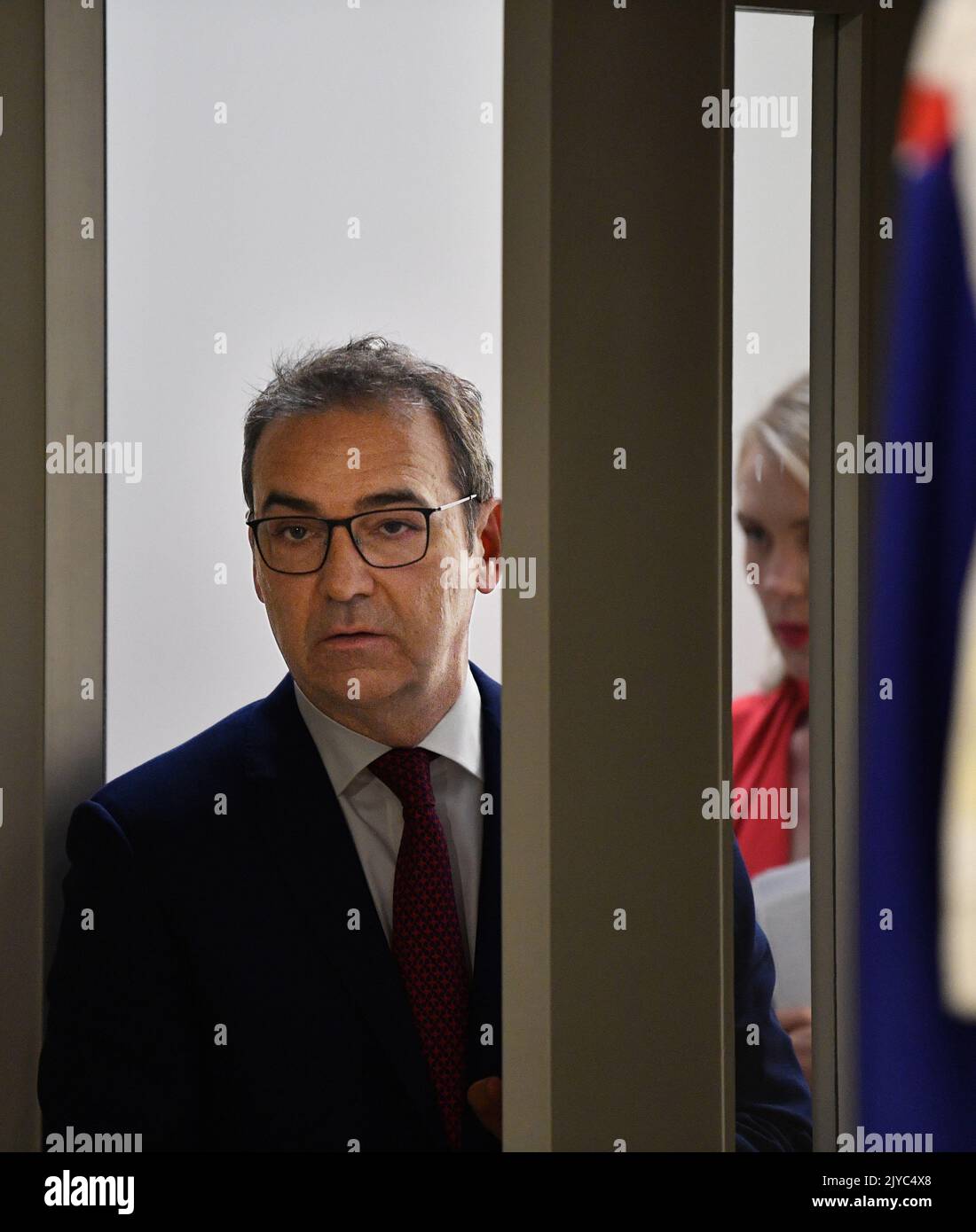 South Australian Premier Steven Marshall arrives to speak to the media ...