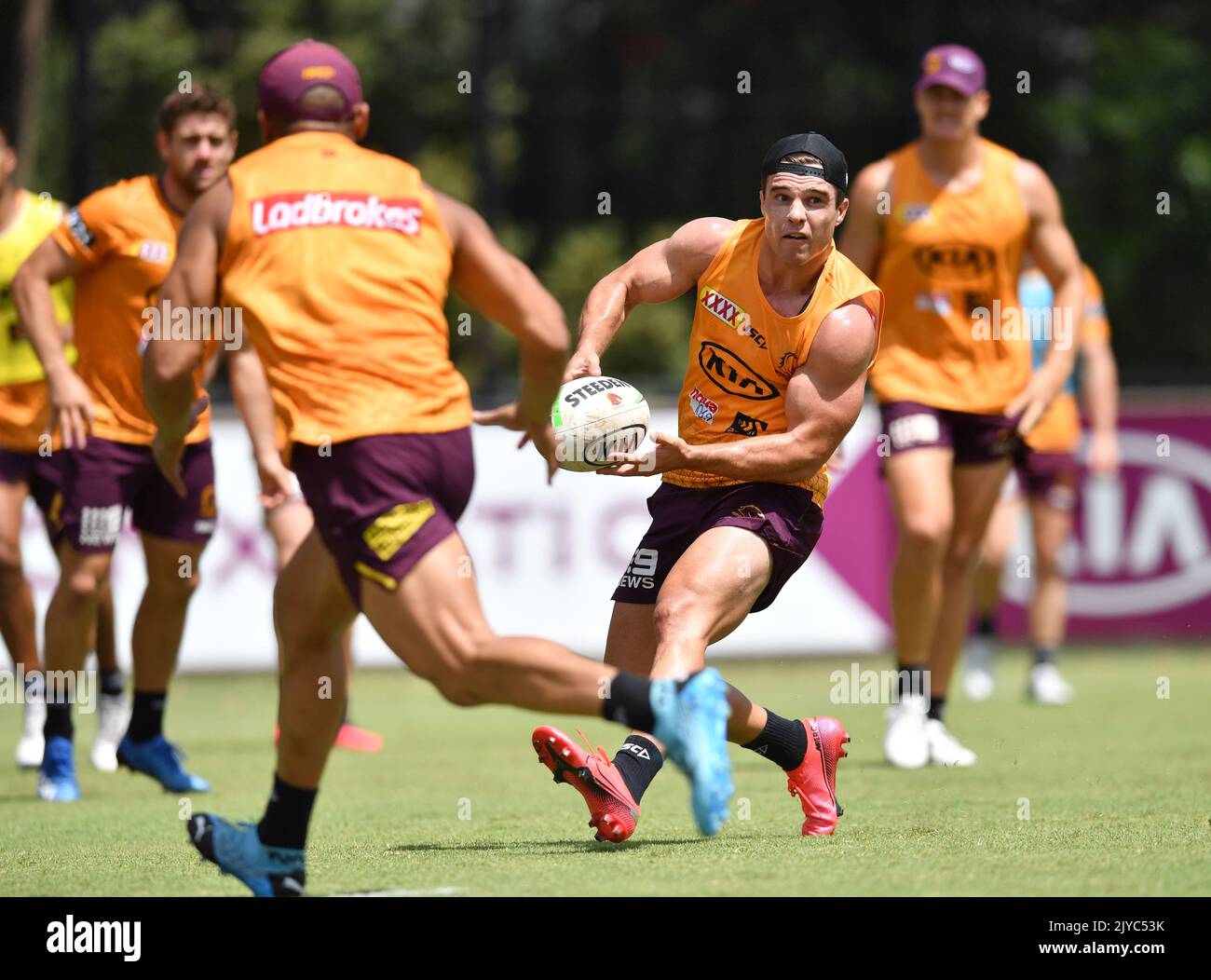 Brodie Croft (centre) in action during Brisbane Broncos training ...