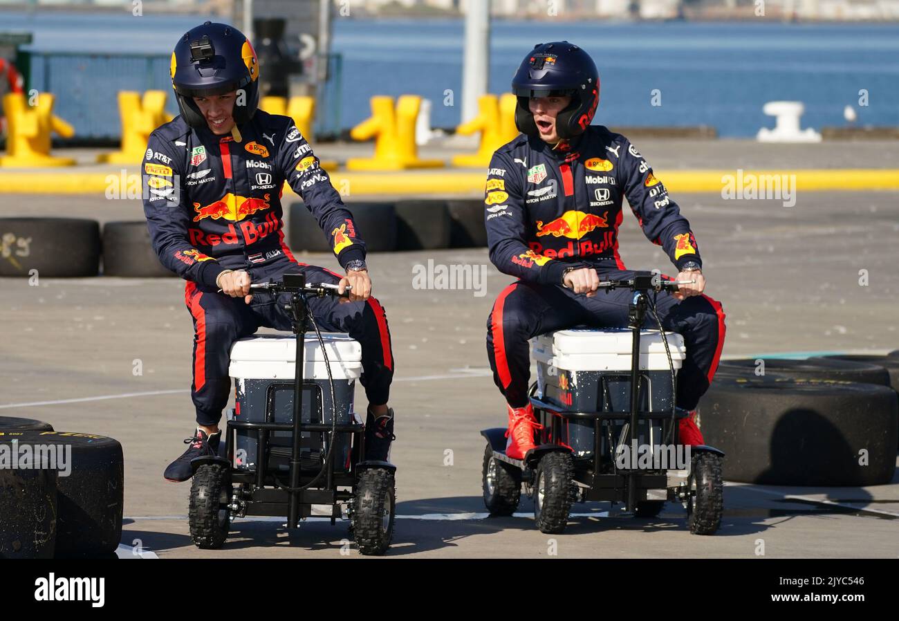 Max Verstappen (right) of the Netherlands and Red Bull Racing rides on ...