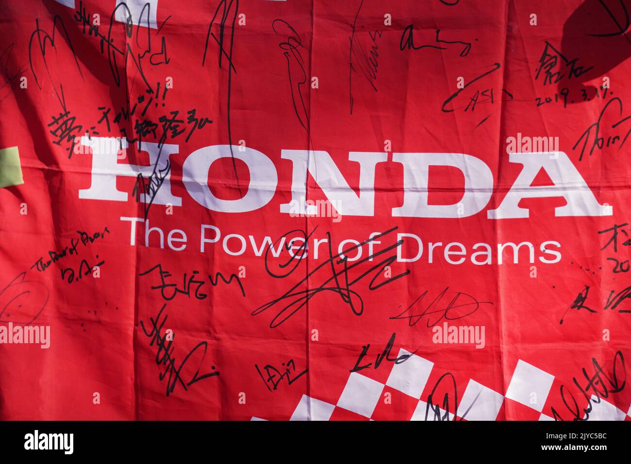 A Honda flag is seen ahead of the Formula 1 Australian Grand Prix 2020 ...