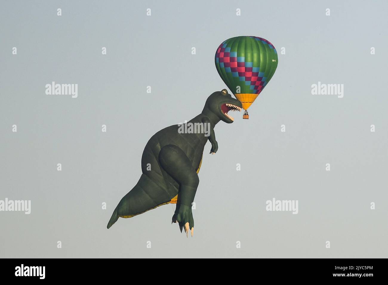 A hot air balloon in the shape of a tyrannosaurus rex is seen next to ...