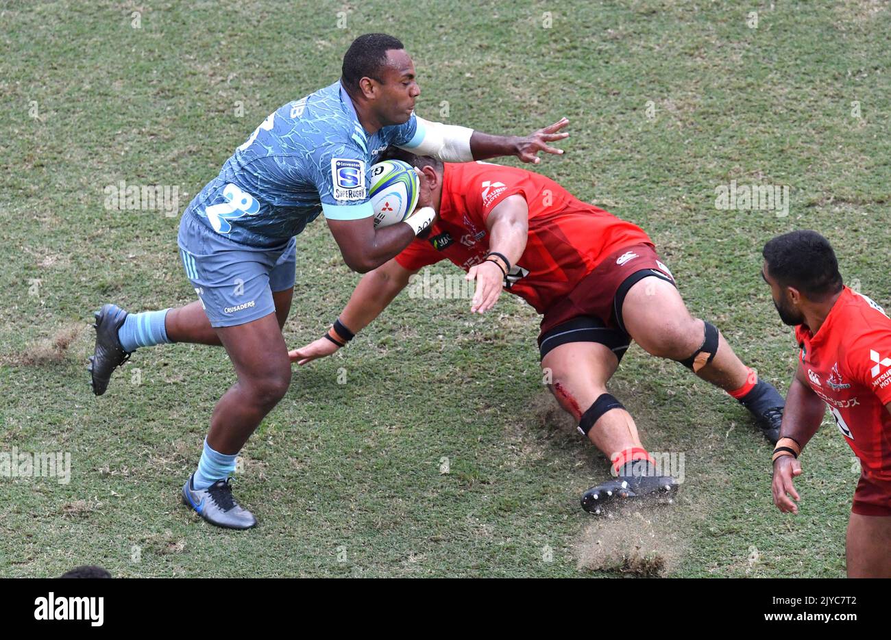 Manasa Mataele (left) of the Crusaders in action during the Round 7 ...