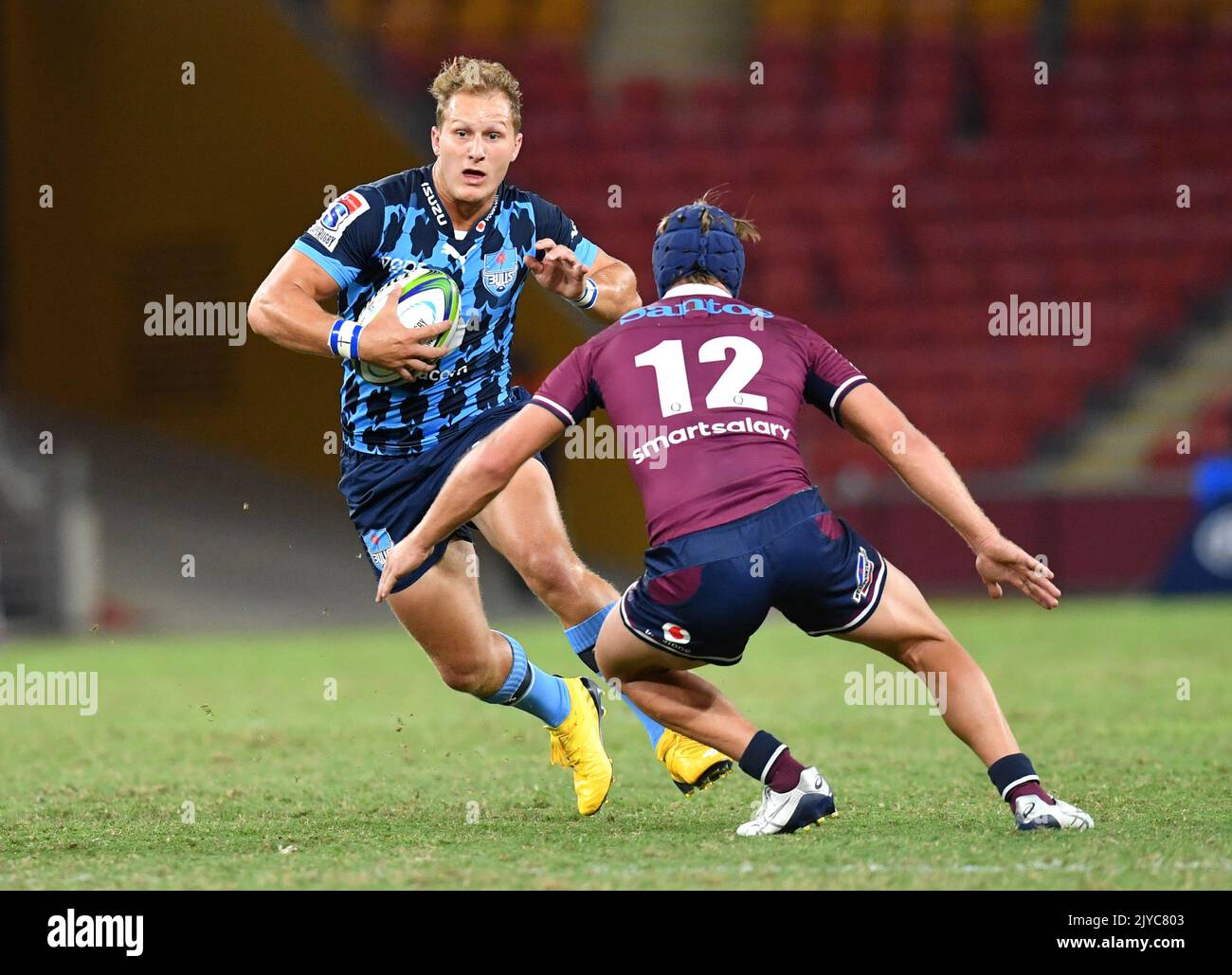 Franco Naude (left) of the Bulls takes on Hamish Stewart (right) of the ...