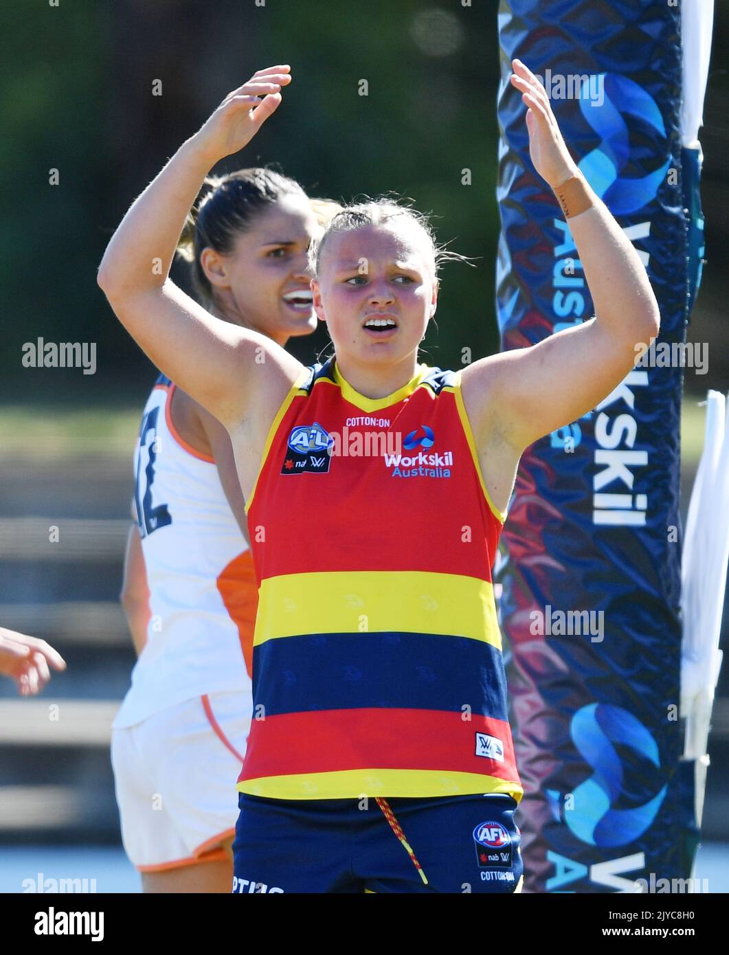 Jaimi Tabb of the Crows reacts after a missed oppurtunity during the ...