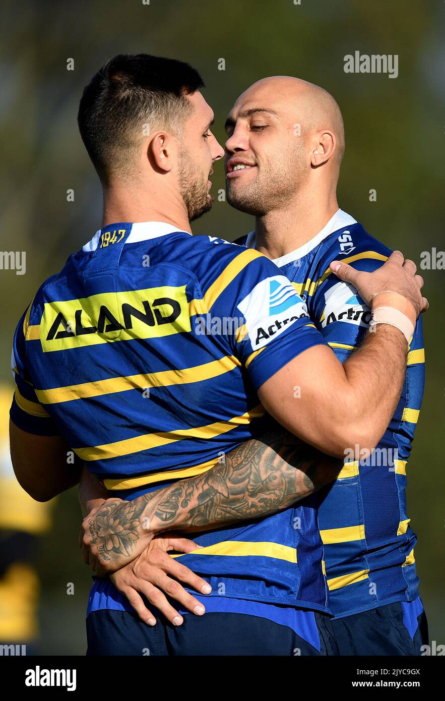 Ryan Matterson (left) and Blake Ferguson of the Parramatta Eels during a training session in ...