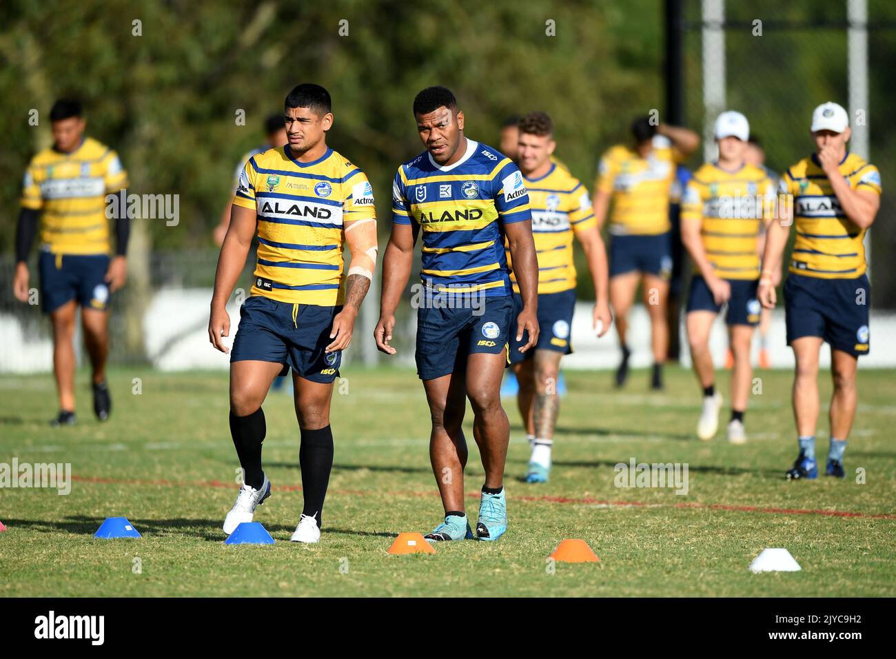 Maika Sivo of the Parramatta Eels arrives with teammates during a ...