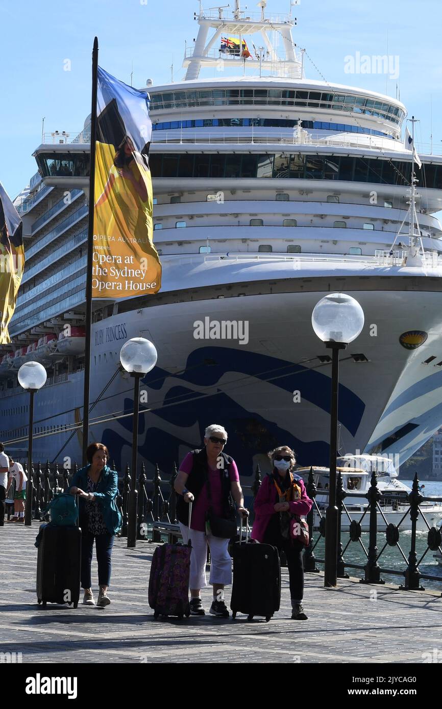 Cruise ship passengers disembark from the Princess Cruises owned Ruby ...