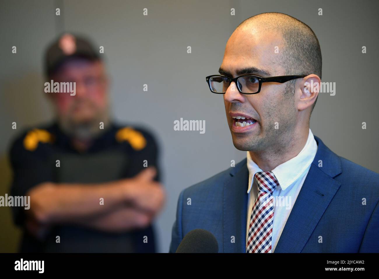 NSW Labor MP Daniel Mookhey speaks to the media during a transport ...
