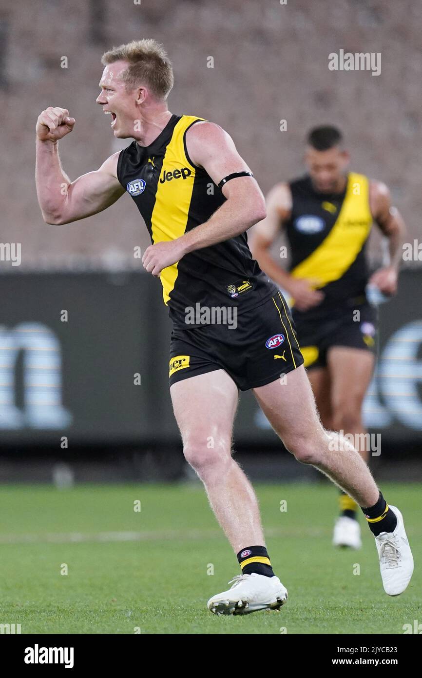 Jack Riewoldt of the Tigers celebrates a goal during the Round 1 AFL ...
