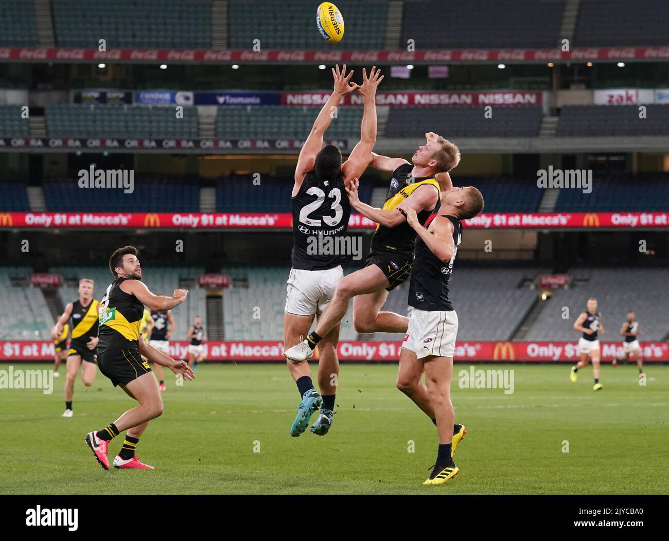 Jack Riewoldt of the Tigers competes for the ball against during the ...