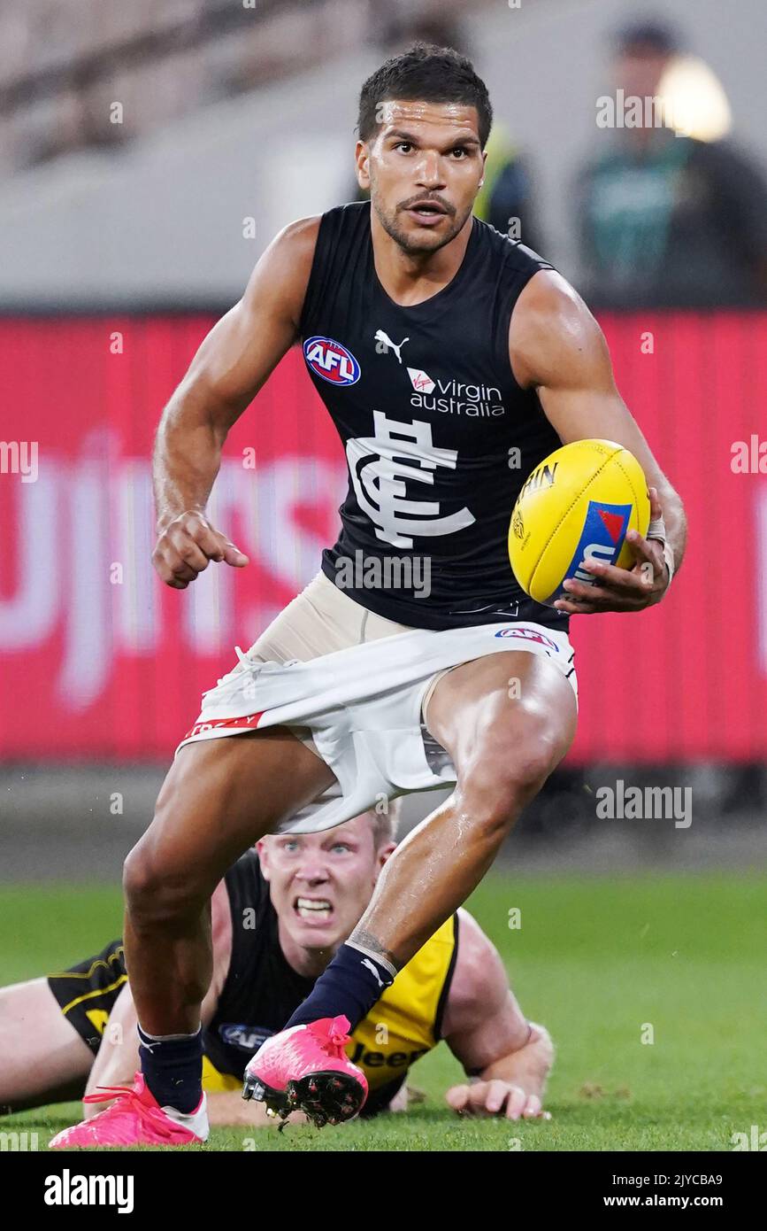 Sam Petrevski-Seton of the Blues is seen with his shorts down after a ...
